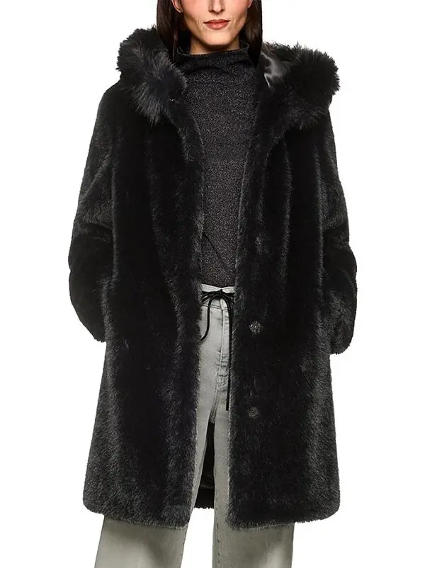 MARC CAIN Faux Fur Coat With Hood - Black