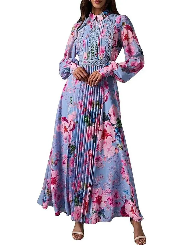 Coast Pleated Lace Trim Long Sleeve Midi Dress - Blue