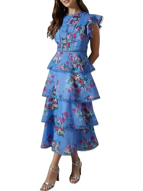 Coast Lace Trim Tiered Organza Midi Dress - Blue