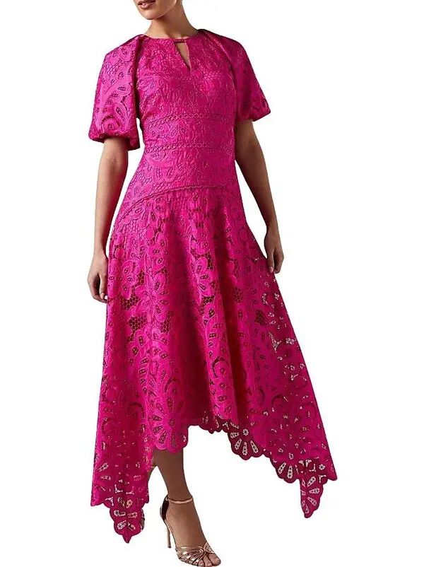 Coast Lace Hanky Hem Puff Sleeve Dress - Pink