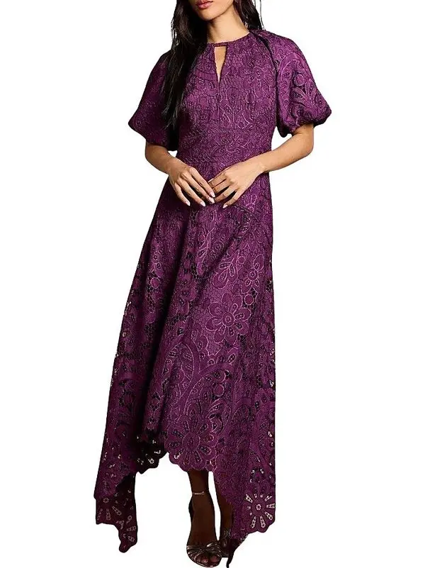 Coast Lace Hanky Hem Puff Sleeve Dress - Plum