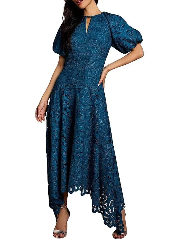 Coast Lace Hanky Hem Puff Sleeve Dress - Teal