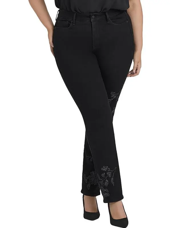 NYDJ Marilyn Embroidered High Rise Straight Jeans - Black Rinse