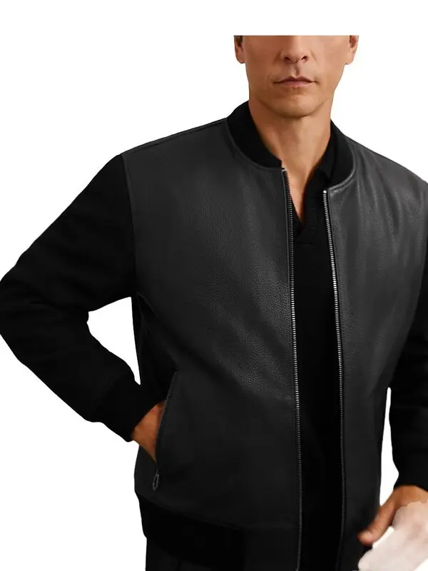 REISS Wool Blend Sleeve Leather Bomber Jacket - Black