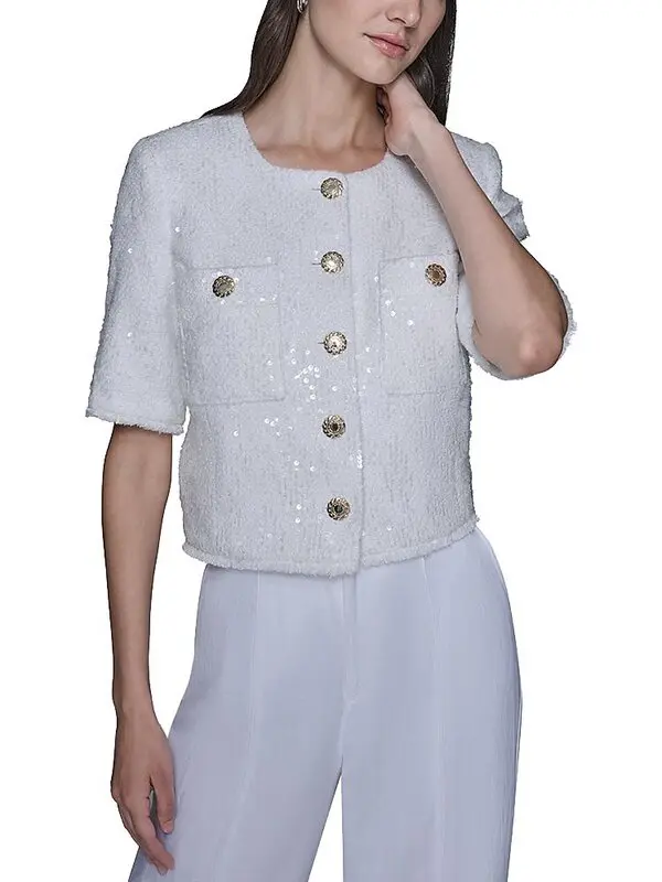 Karl Lagerfeld Paris Cropped Sequin Tweed Jacket - Soft White