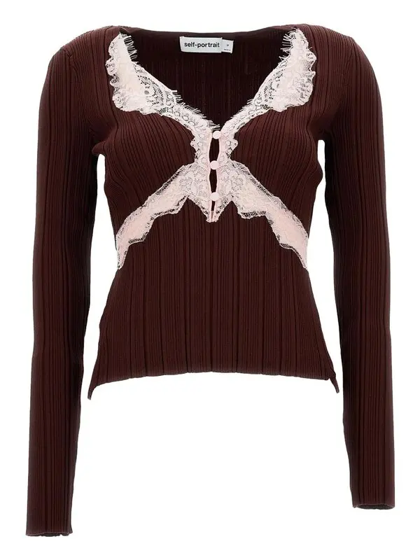 SELF-PORTRAIT Lace Knit Top - Brown