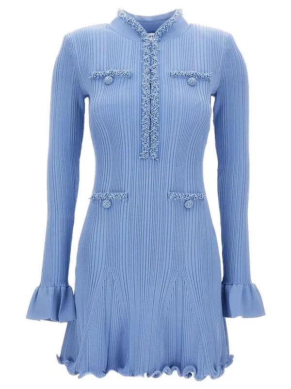 SELF-PORTRAIT Knit Mini Dress With Pearl Trims - Blue
