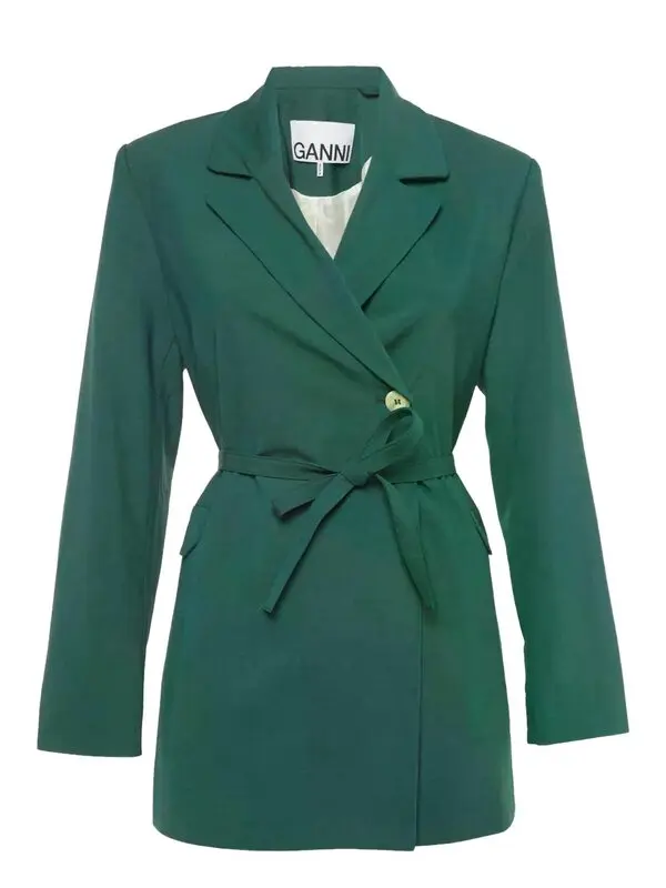GANNI V-neck Belted Jacket With Flap Pockets - Green