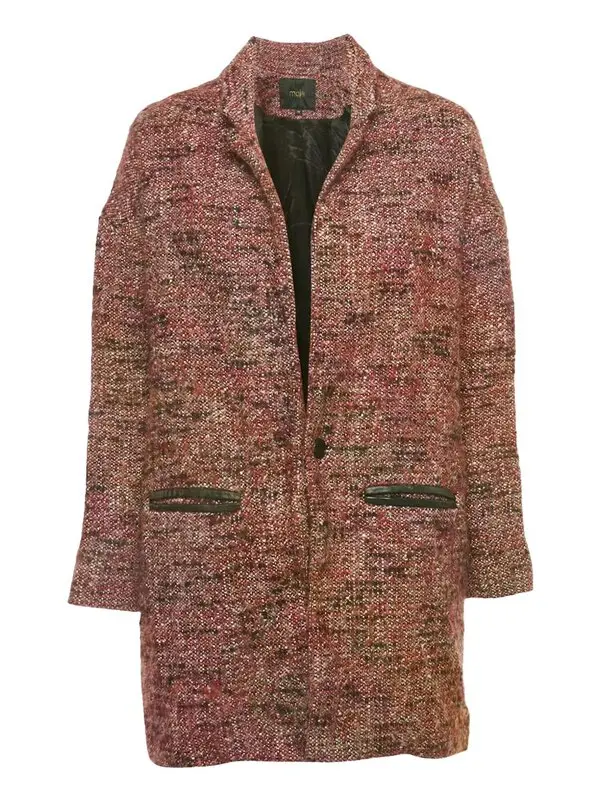 Maje Tweed Coat With Leather Trim - Red