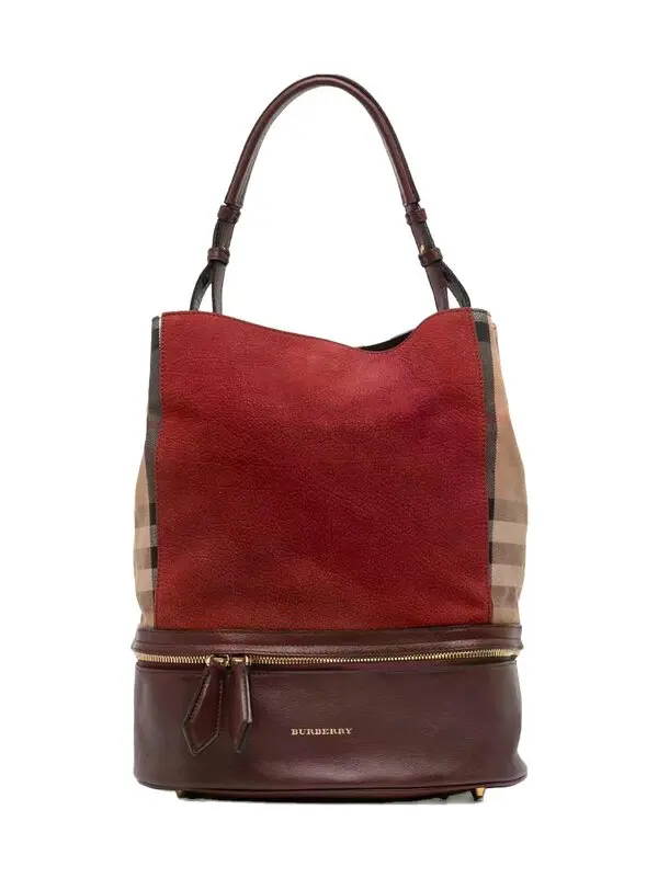 Burberry Beckett Bucket Bag In Nubuck And House Check Canvas - Red