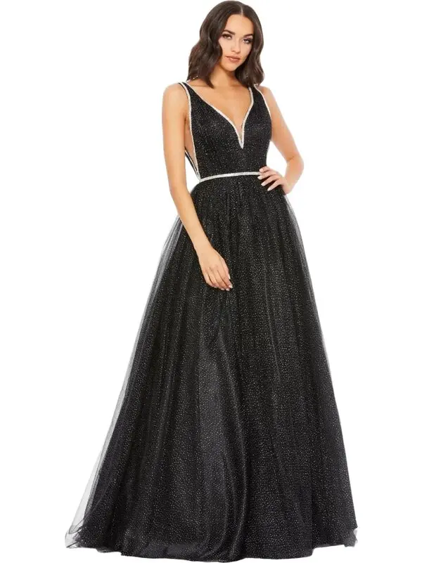 Mac Duggal Glitter-flecked Tulle Ball Gown With Rhinestone Trim - Black / Silver