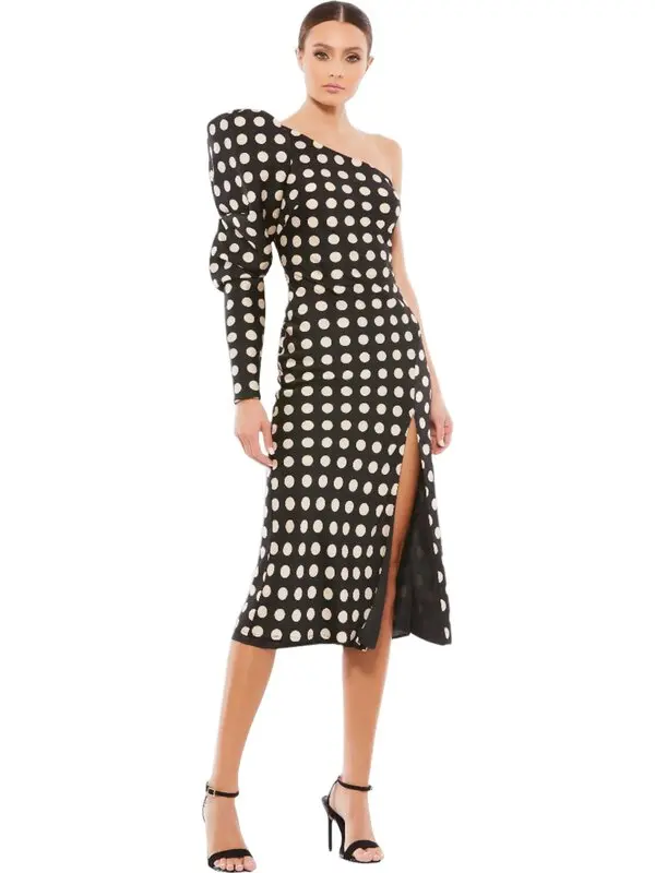 Mac Duggal Polka Dot One Shoulder Tea Length Dress - Black White