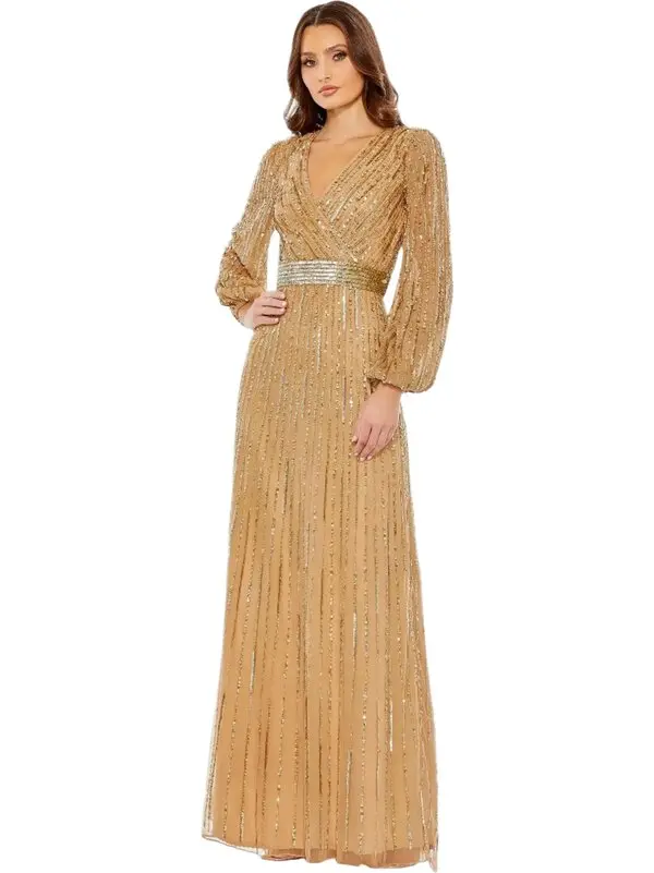 Mac Duggal Wrap Over Puff Sleeve Embellished Gown - Gold