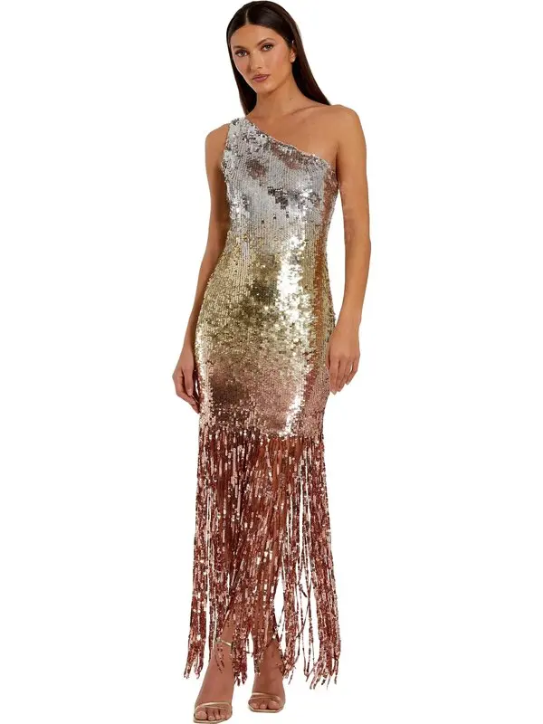 Mac Duggal Sequin One-shoulder Fringe Gown - Gold Silver Ombre