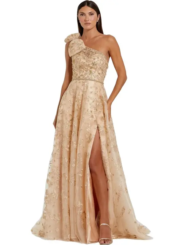 Mac Duggal Embellished Bow One-shoulder Gown - Neutral