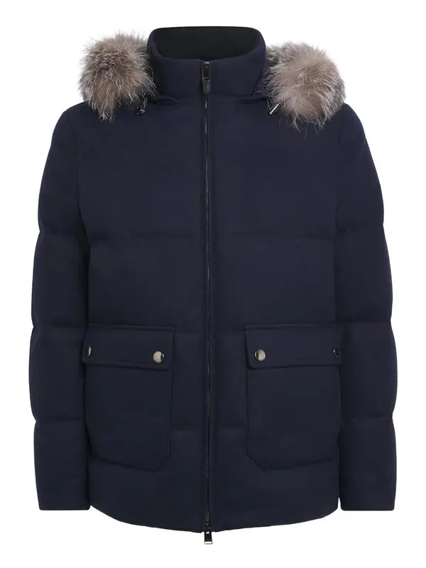 Canali Cashmere Down Puffer Jacket With Fur Hood - Navy