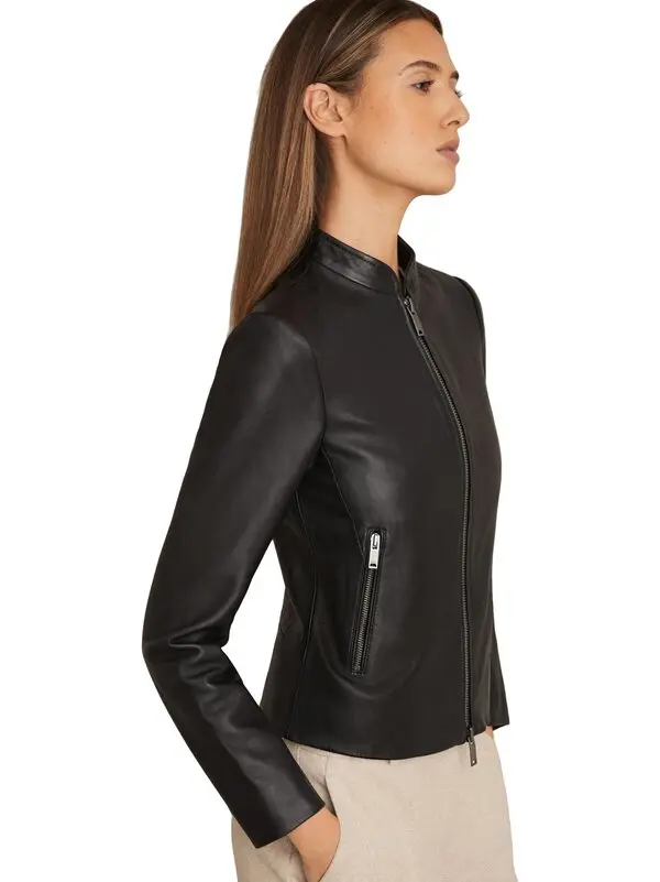 REISS Allie Leather Biker Jacket - Black
