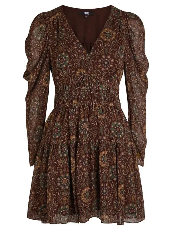 Paige Patterned Silk Mini Dress - Dark Brown