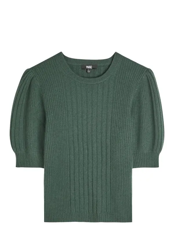 Paige Ribbed Cashmere Top With Puff Sleeves - Green