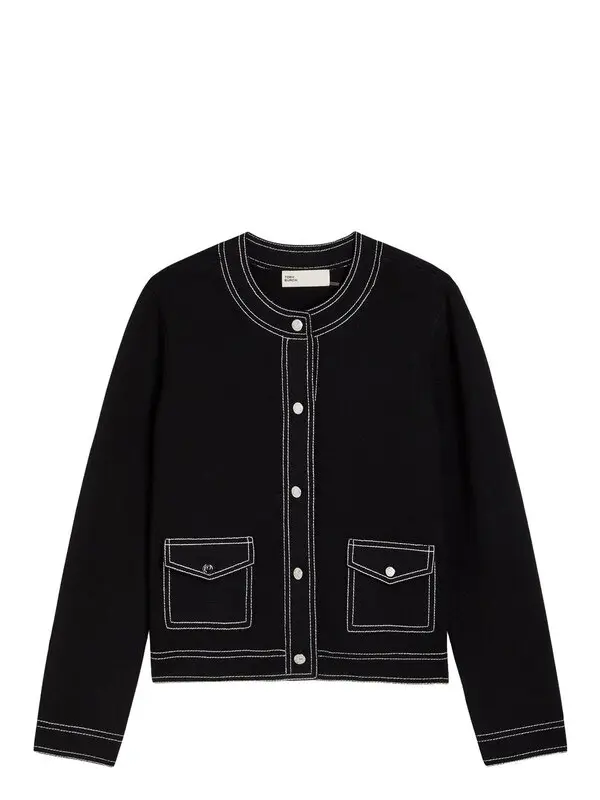 Tory Burch Topstitch Wool Cardigan - Black