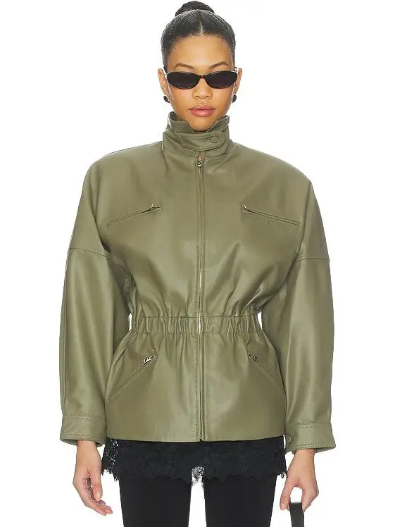 AEXAE Leather Cinched Mid Jacket - Olive Green