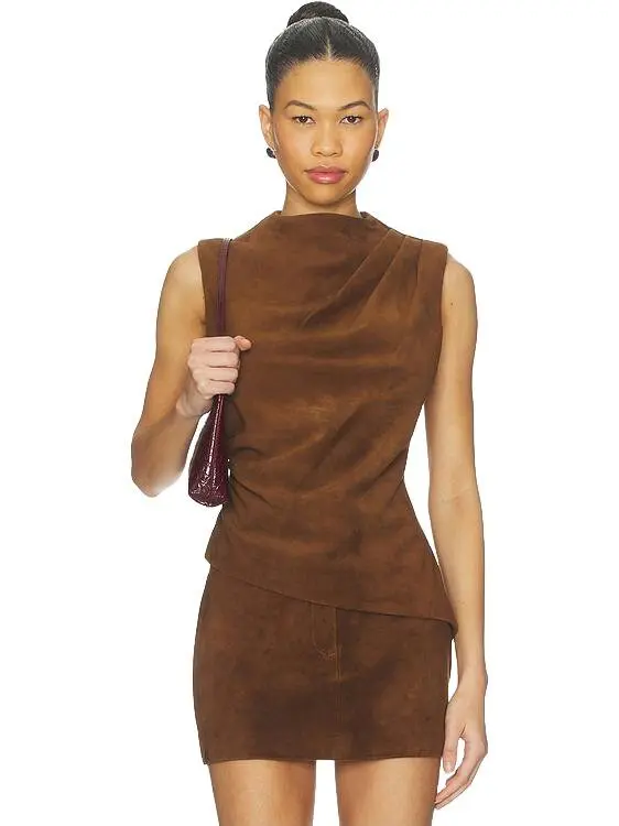 AEXAE Leather Suede Ruched Top - Chestnut Brown