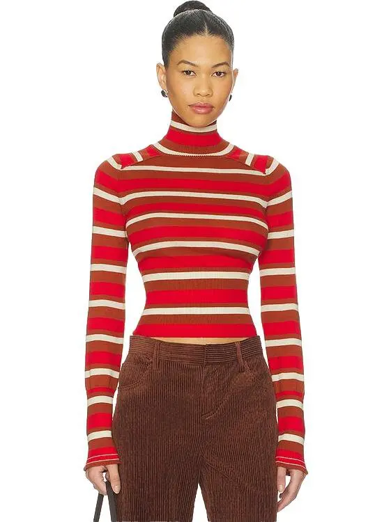 Free People Breeze Striped Turtleneck Sweater - Red Cinnamon Combo