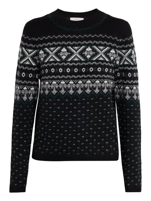 Vince Cashmere Fairisle Crewneck Sweater - Black/off