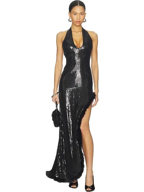 RUNAWAY THE LABEL Faux Fur Trim Maxi Dress - Black