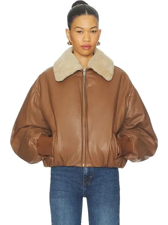 AEXAE Leather Bomber Jacket - Brown