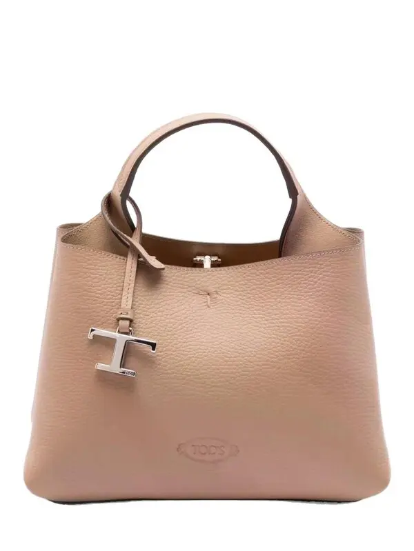 TOD'S Leather Tote Bag With Logo Charm - Neutrals