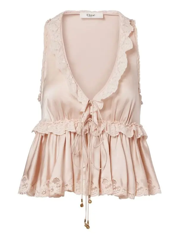 Chloé Lace-trimmed Silk Satin Top - Pink