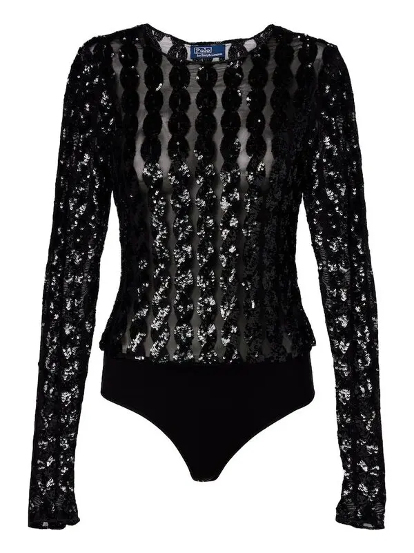 Polo Ralph Lauren Sequined Mesh And Jersey Bodysuit - Black