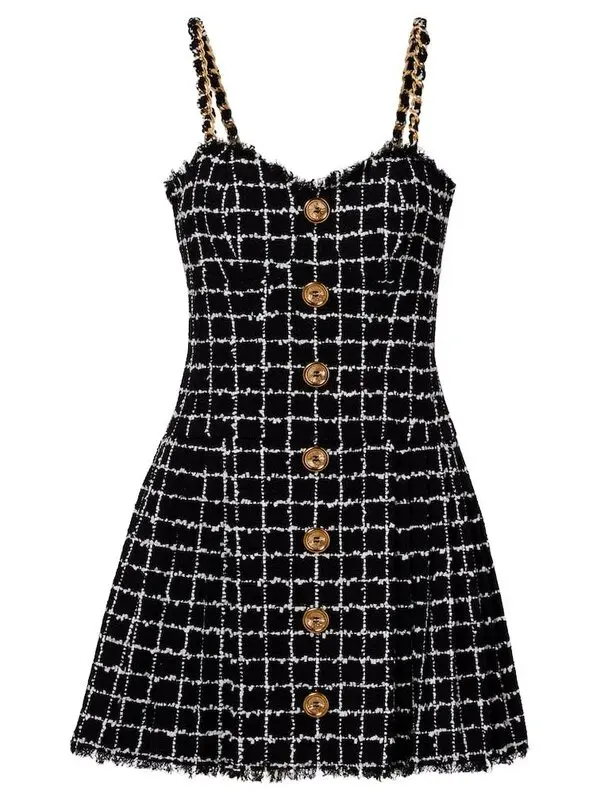 Balmain Chain-detail Checked Tweed Minidress - Black