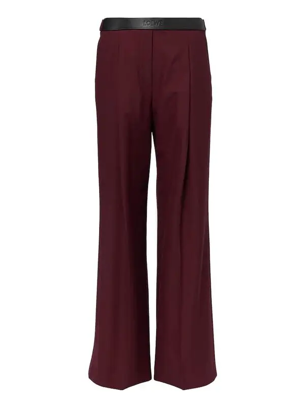 Loewe Leather-trimmed Wool Wide-leg Pants - Burgundy