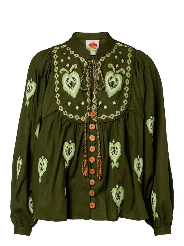 Farm Rio Embroidered Linen-blend Blouse - Green
