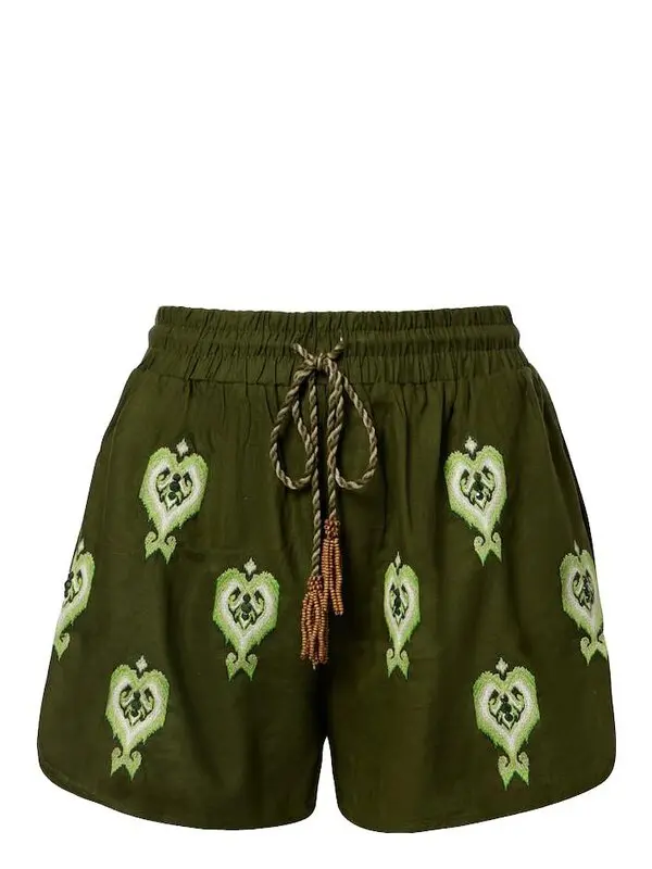 Farm Rio Embroidered Linen-blend Shorts - Green