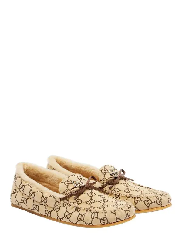 Gucci Double G Shearling-lined Suede Loafers - Beige
