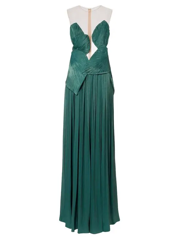 Costarellos Serenne Pleated Bustier Gown - Green