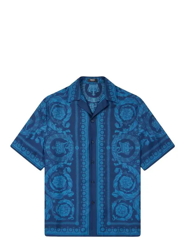 Versace Camp-collar Printed Silk-twill Shirt - Blue