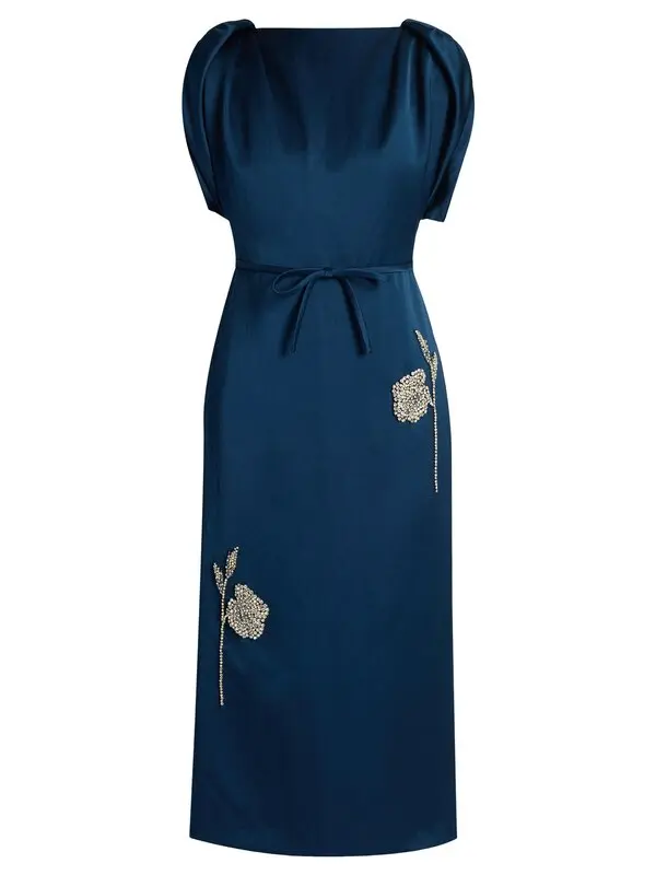 Erdem Embroidered Heavy Satin Midi Dress - Navy