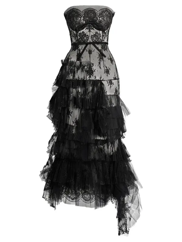 Erdem Lace Bustier Tiered Midi Dress - Black
