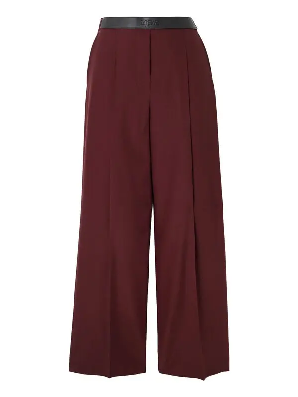 Loewe Leather-trimmed Pleated Wool Grain De Poudre Pants - Burgundy