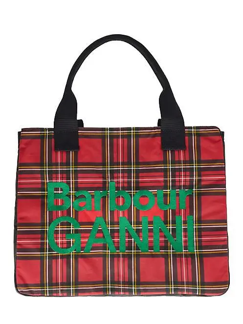 Barbour X Ganni Logo-embroidery Check-print Waxed Cotton Tote Bag - Classic/stewart Tartan