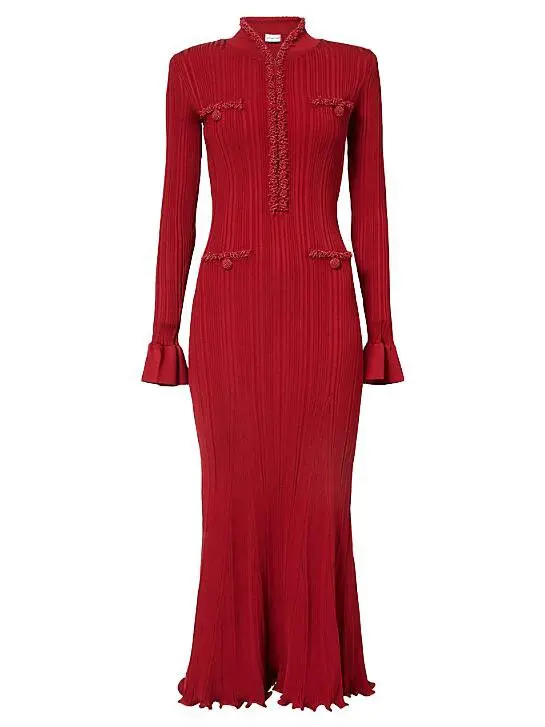 SELF-PORTRAIT Pearl Bead Embellished Knitted Midi Dress - Red