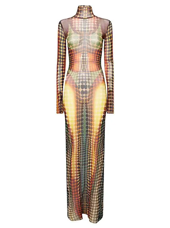 Jean Paul Gaultier Graphic-pattern Maxi Mesh Dress - Orange Blue Brown
