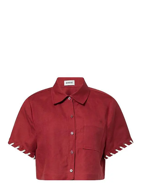 Simkhai Stitch Cropped Linen-blend Shirt - Oxblood Multi