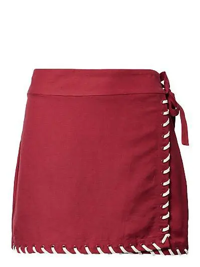 Simkhai Linen-blend Mini Wrap Skirt With Stitch Embellishments - Oxblood Multi