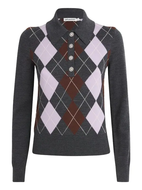 SELF-PORTRAIT Wool Argyle Sweater - Grey