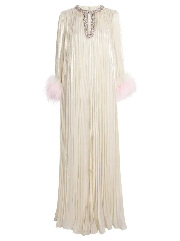 SELF-PORTRAIT Silk-blend Feather-trim Maxi Dress - Gold